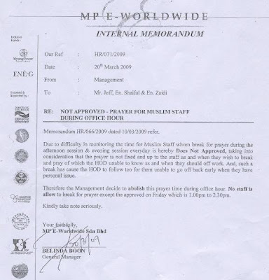 Tulisan Blog Lawyer Garang: Pekerja Islam Tak Dibenarkan Solat..?