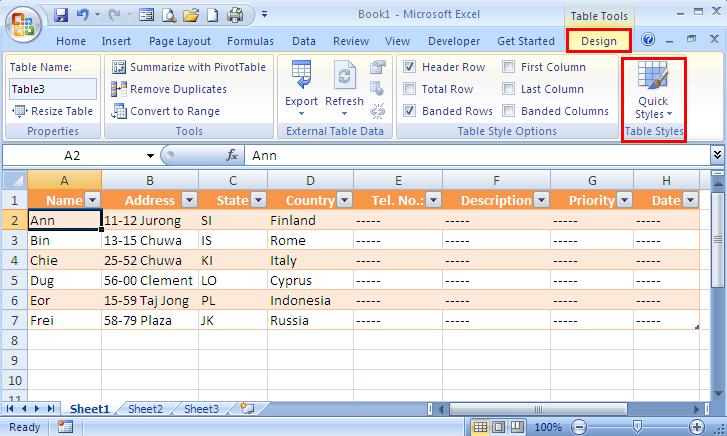 EveryDay Solutions: MS Office Excel 2007 Insert and Quick Style Table