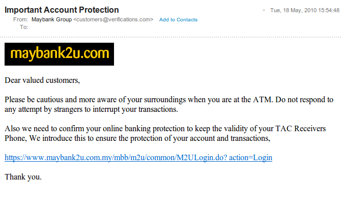 Important Account Protection From Maybank Group (Phishing Email)