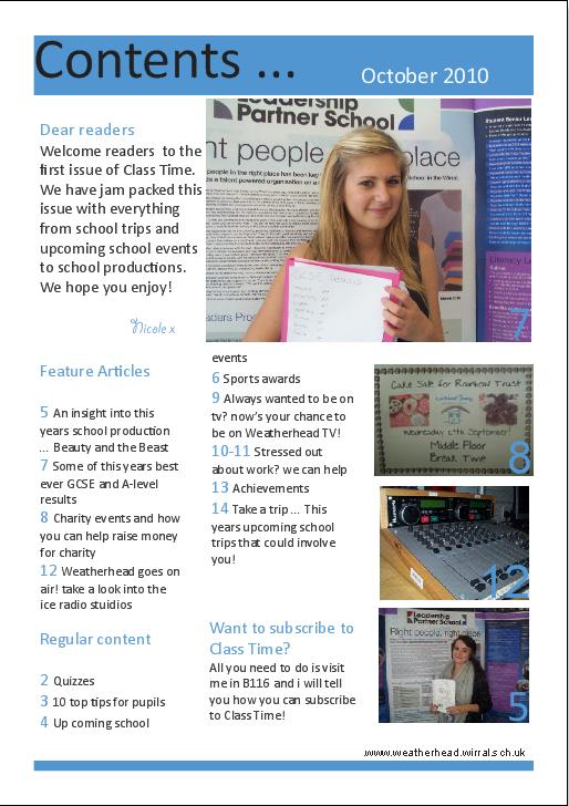 media coursework: school magazine contents page
