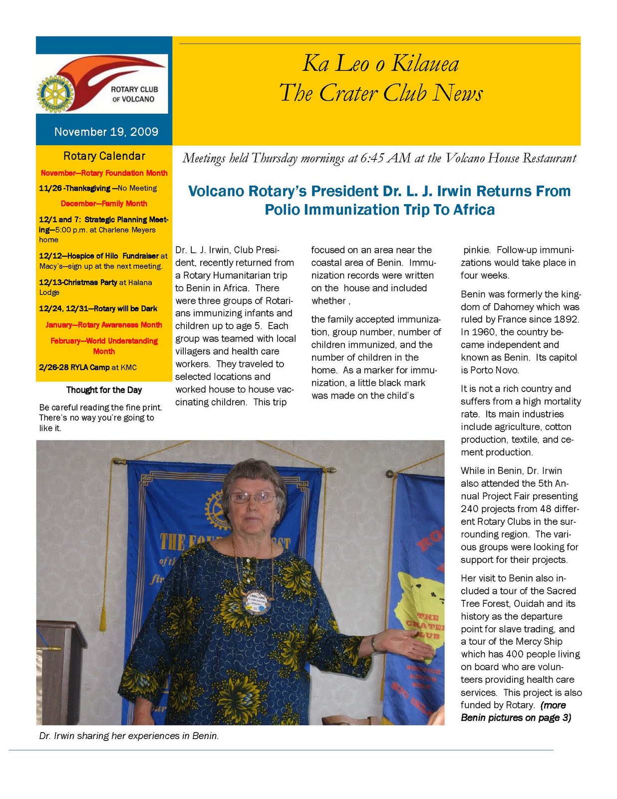Rotary Club of Volcano: Rotary Newsletter Nov. 19 2009