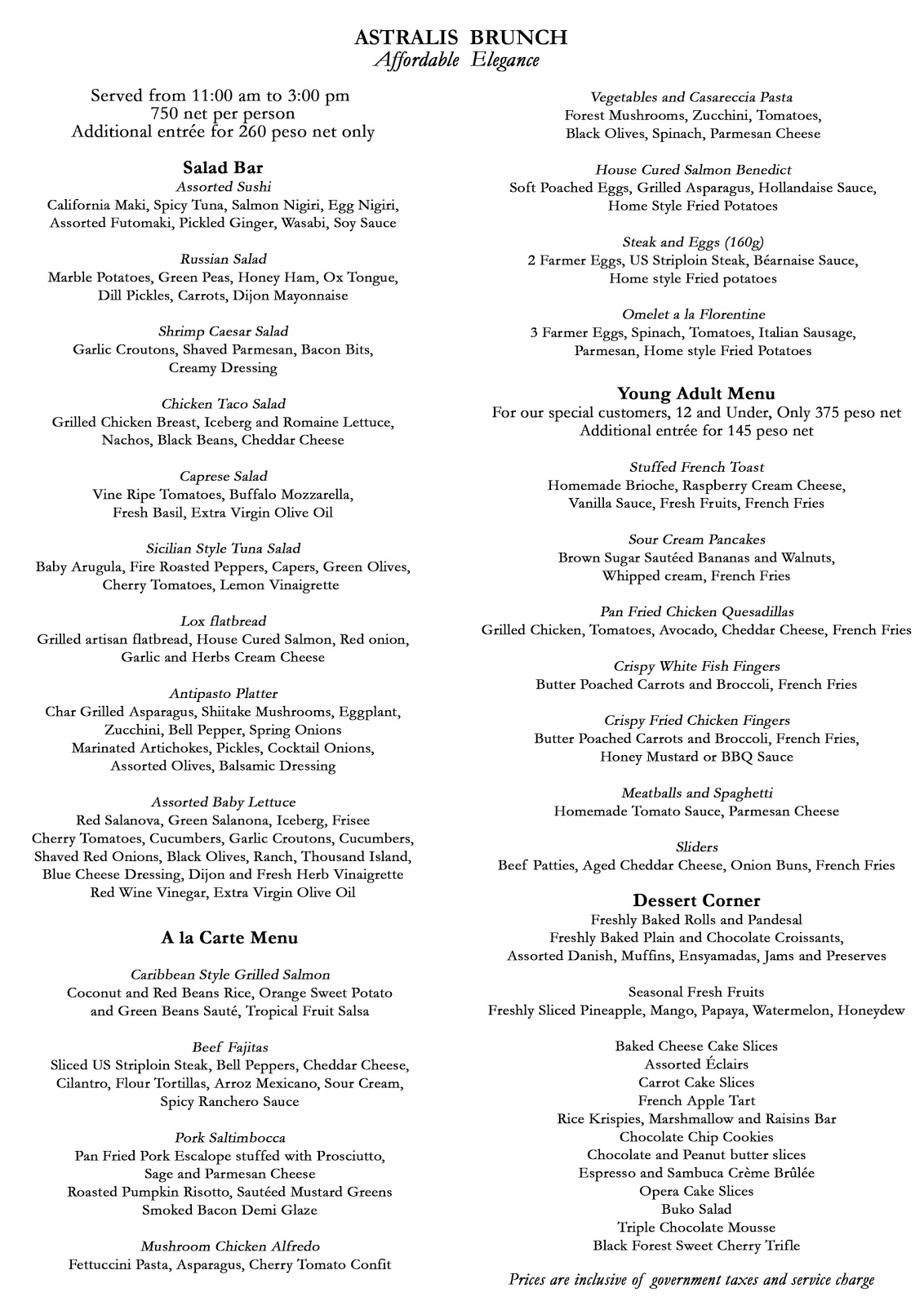 Astralis Restaurant by Diamond Hotel: Brunch Menu