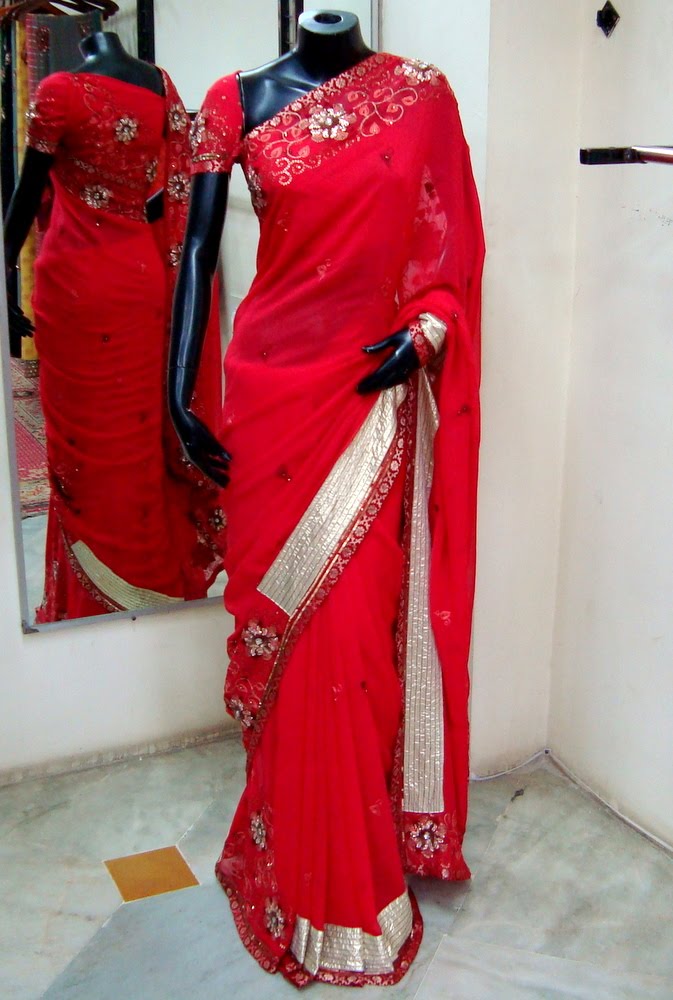 GLAMOURAMA: georgette sari red sequence zari bead stone brocade patti ...