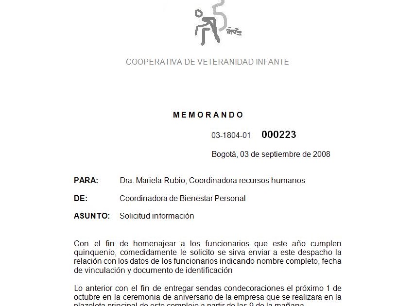 Elaboración y manejo de documentos Institucionales: Ejemplo: Memorando
