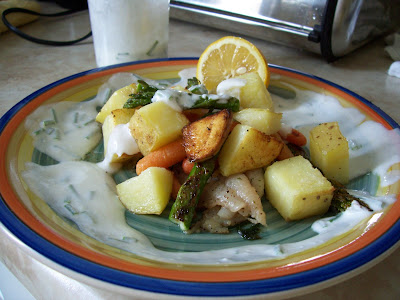 The Curly Cook: Sole in garlic dill sauce served with roasted ...