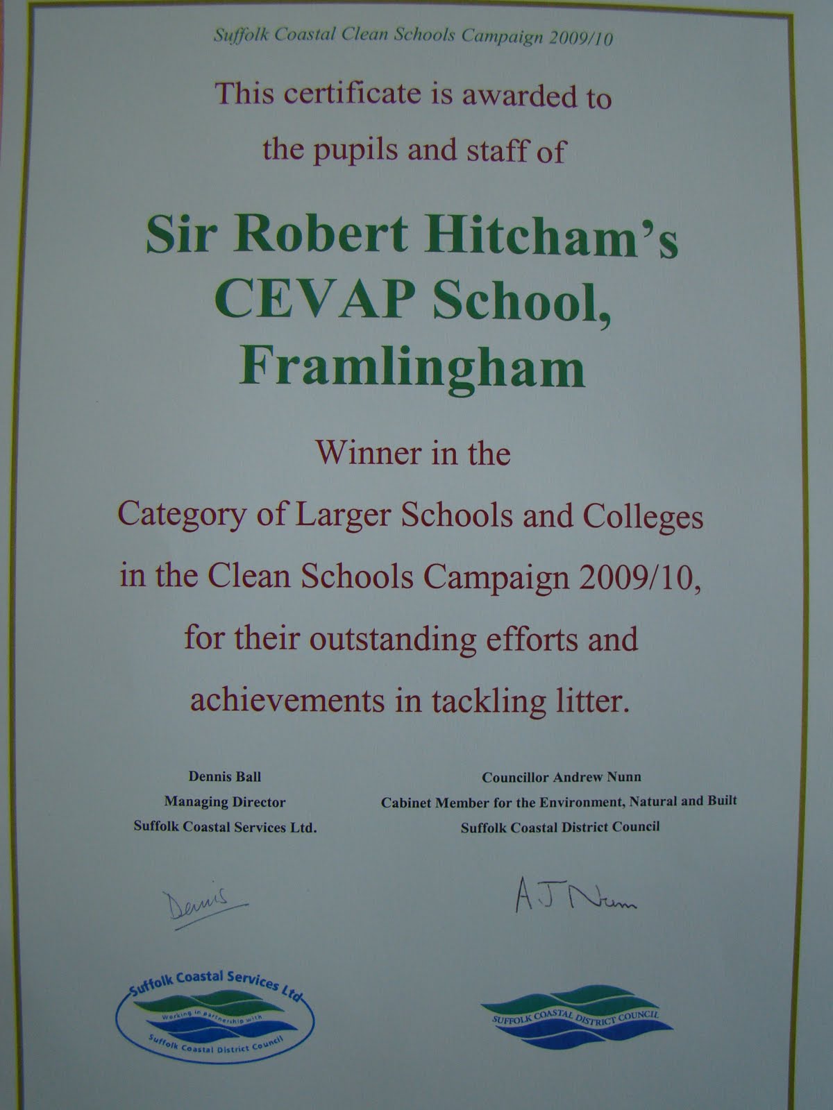 Hitcham's Blog: Clean School Award