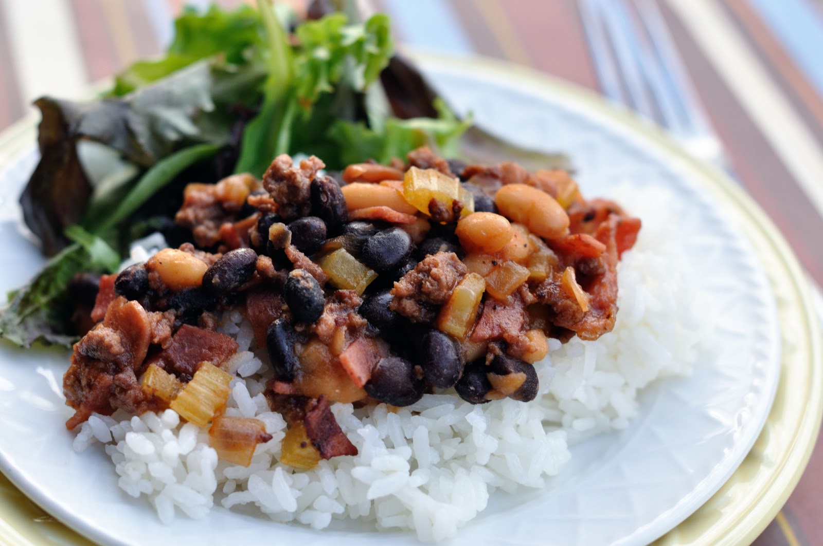 Gluten Free Goodness: Three Beans and Bacon over Rice