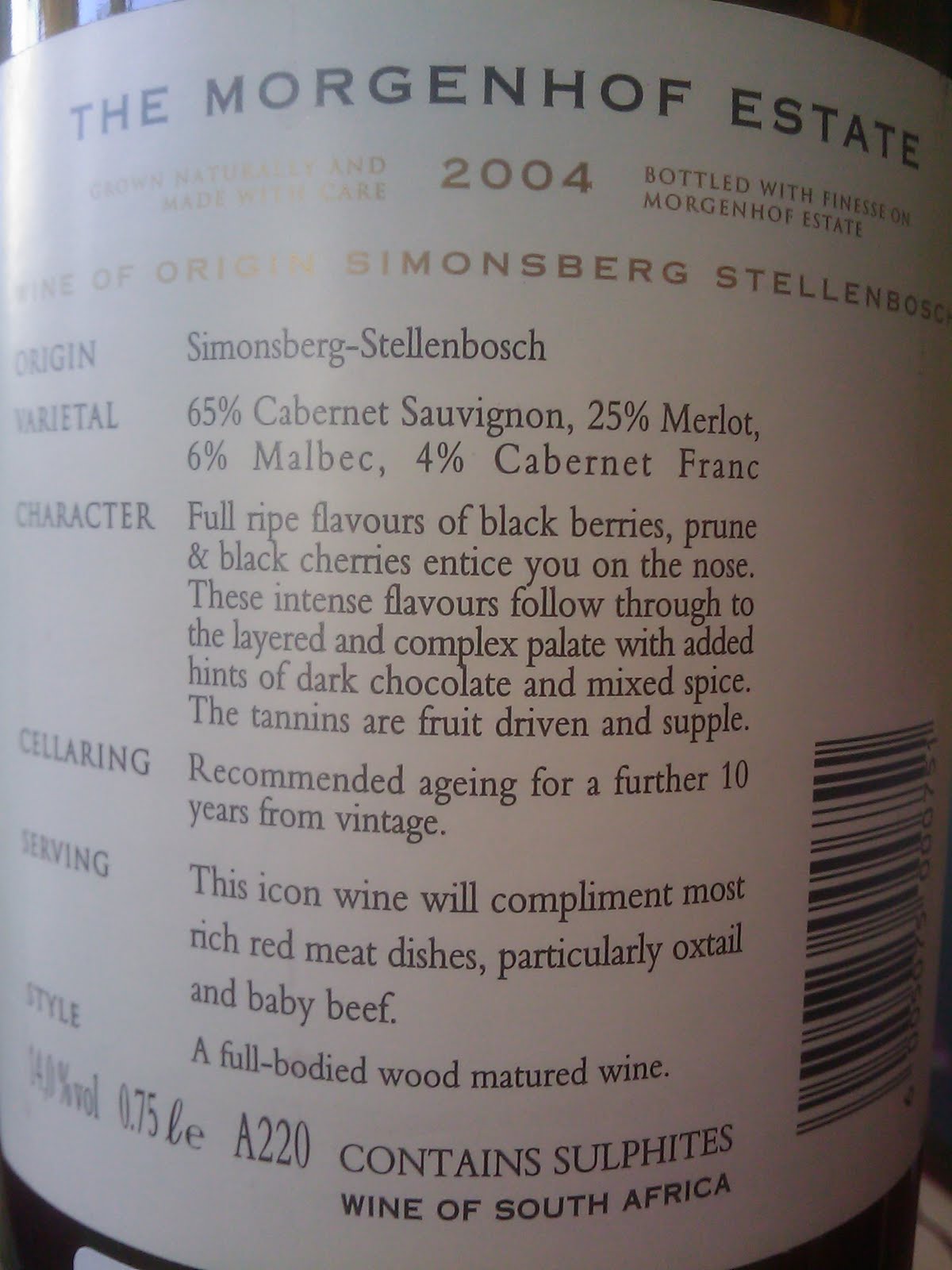 WINE IN SWEDEN: TN : Morgenhof Estate Wine 2004, Simonsberg ...