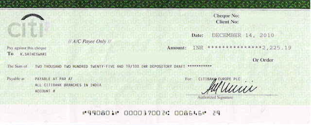 Zero investment: Cheque Proof : CitiBank | Client : K.Satheswari