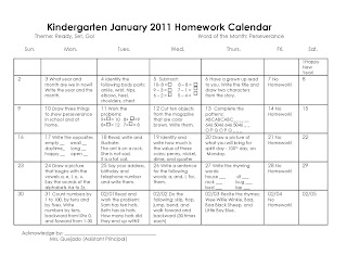 Kindergarten News at LBJ: Kindergarten January Homework Calendar