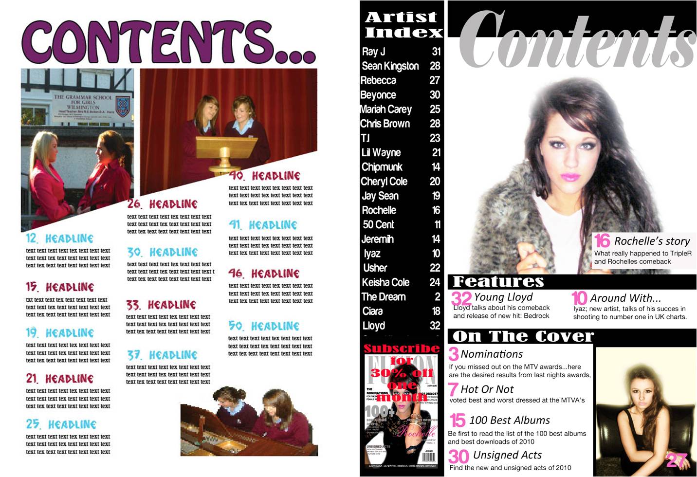 Aisha's Media: Music Magazine Contents Page and Preliminary Contents Page