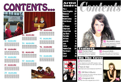 Aisha's Media: Music Magazine Contents Page and Preliminary Contents Page