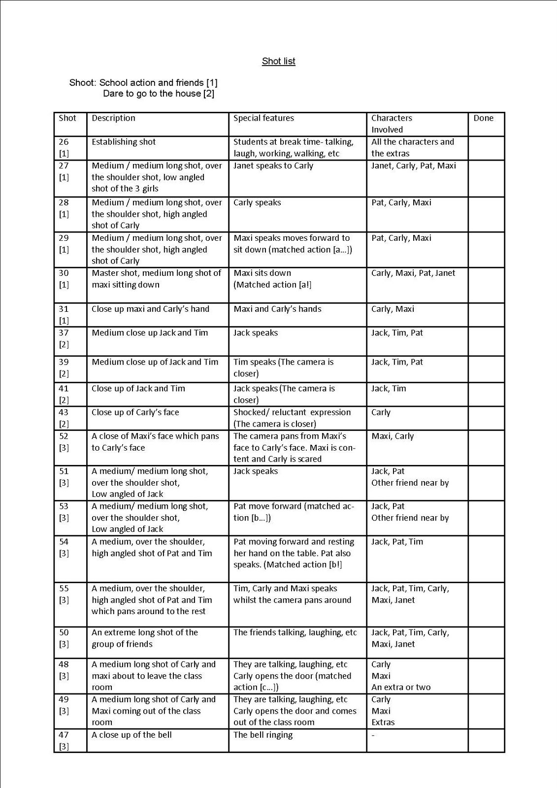 A2 Media Studies Shot List A2 Media Studies Shot List