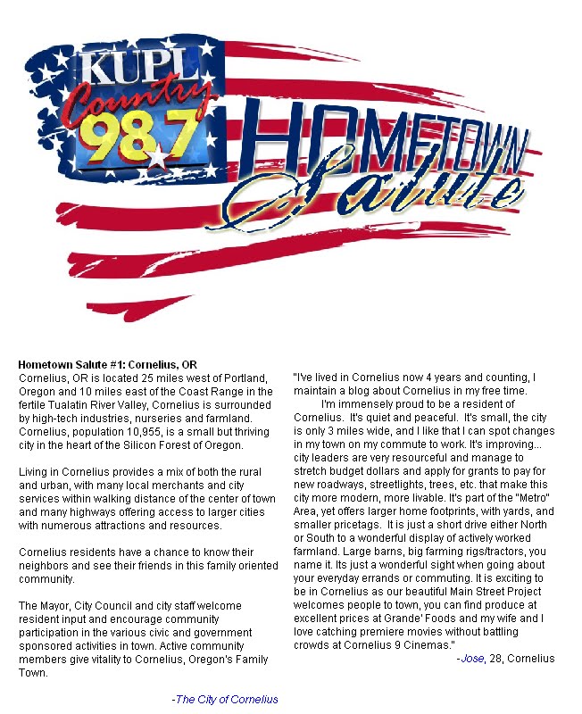 Cornelius, OR the Road to Wal-Mart: 98.7 FM KUPL Sums up Cornelius Week ...