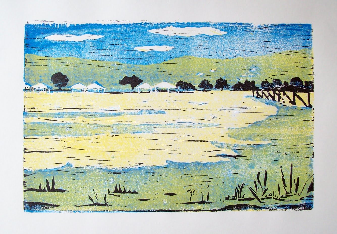 Drawing etc: A three-colour linocut