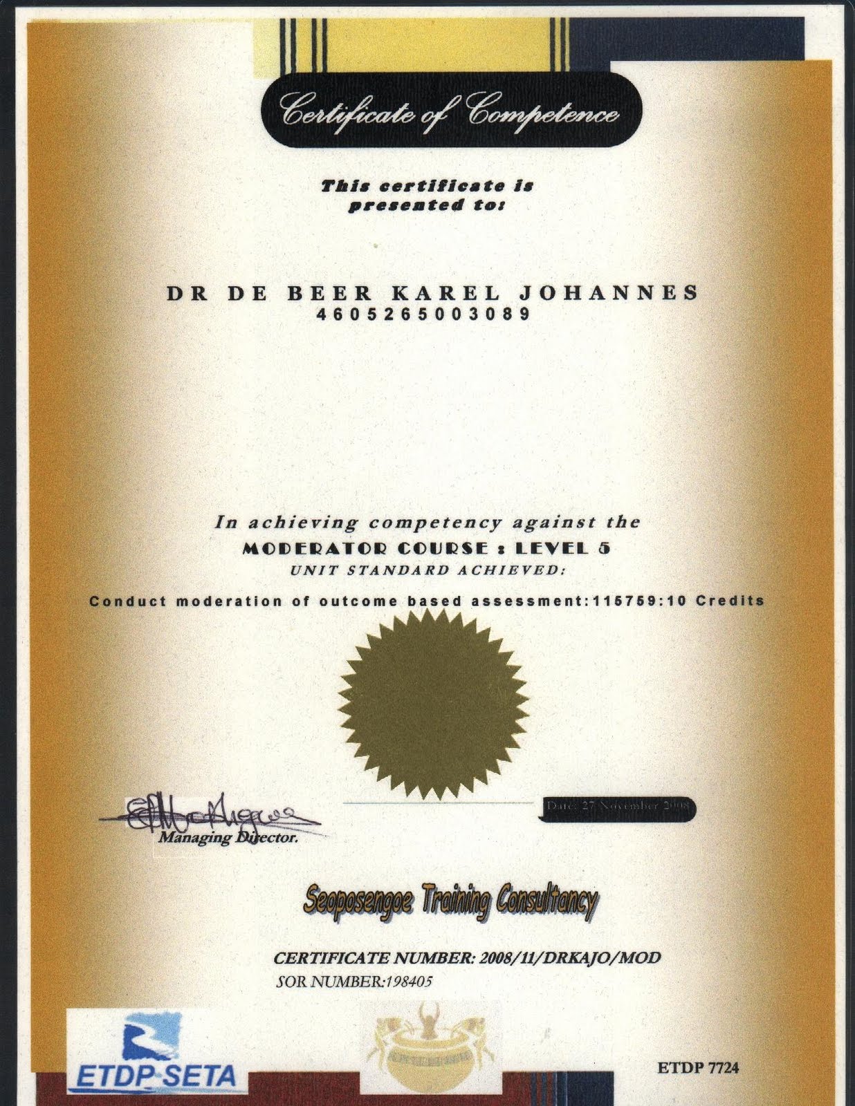 Dr Karel Johannes de Beer: MODERATOR: ETDP SETA : SOUTH AFRICA