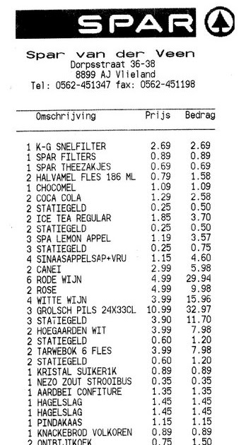 Arvevo gaat Vlieland: Kassabon Spar