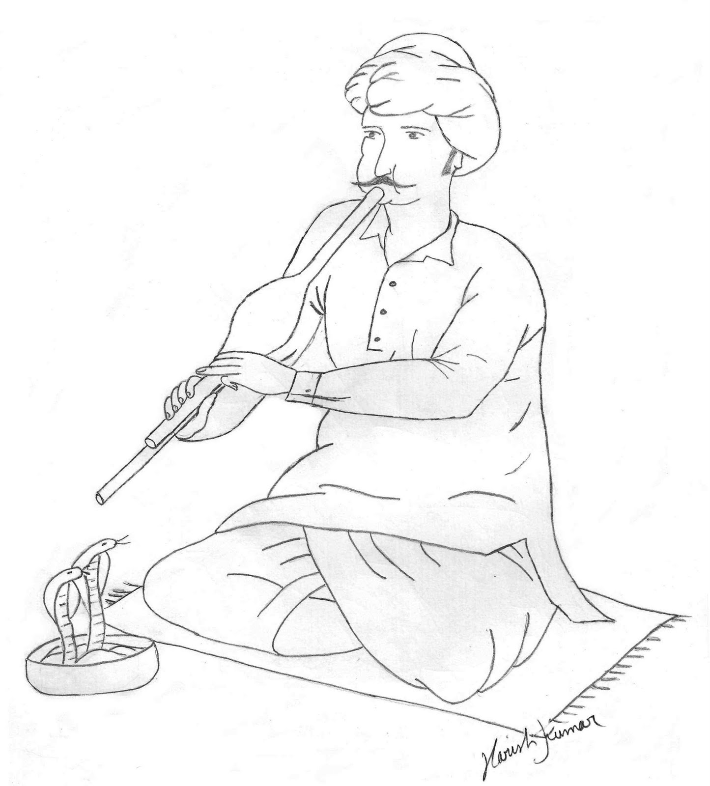 Pencil Art sketch of Snake charmer - My Pencil Drawing Art