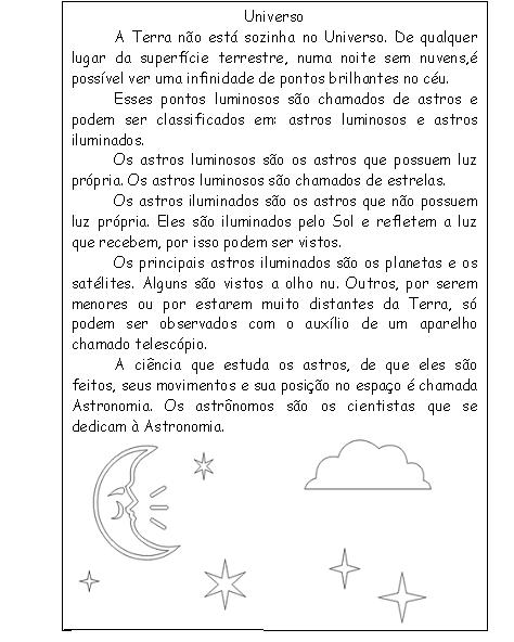 GEOGRAFIA - texto sobre o Universo para leitura ~ Cantinho das Atividades