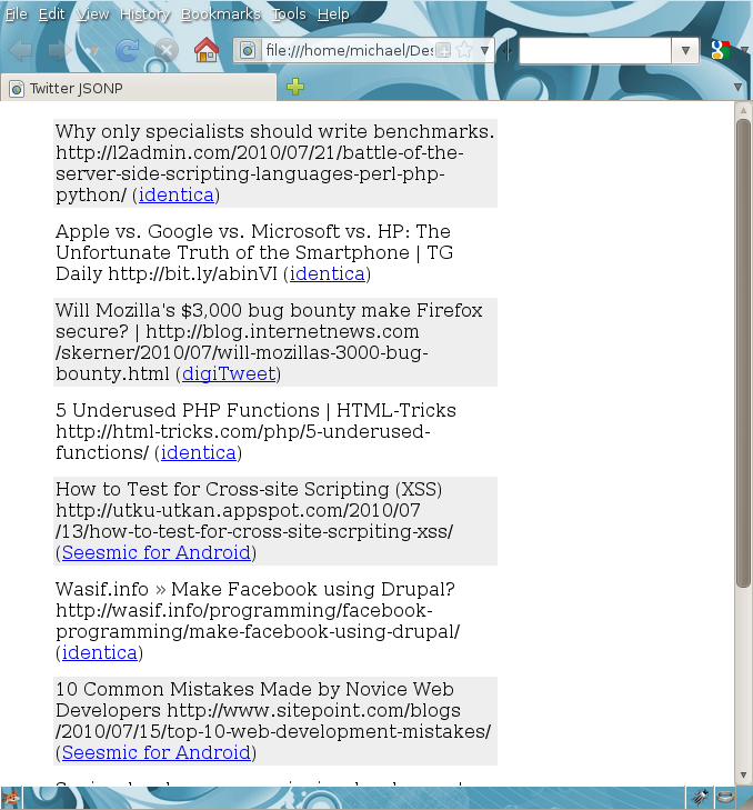 Mooduino: Using jQuery and JSONP to load Twitter statuses