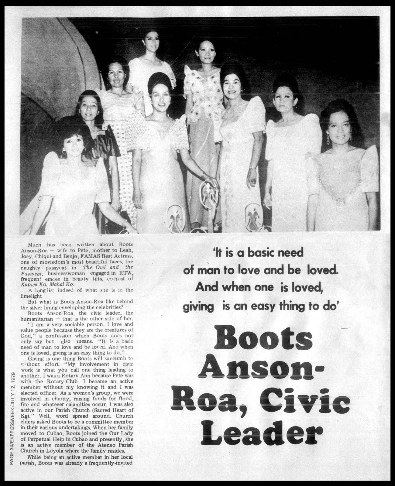 PELIKULA, ATBP.: BOOTS ANSON-ROA, CIVIC LEADER (Expressweek, July 12, 1979)