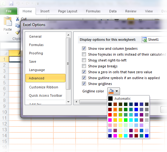 Excel: Change the Colour of the Gridlines ~ Stacy DuBois' Tech Blog