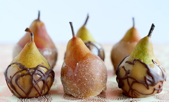 Caramel-Chocolate Dipped Sugar Pears - Sprinkled with Flour