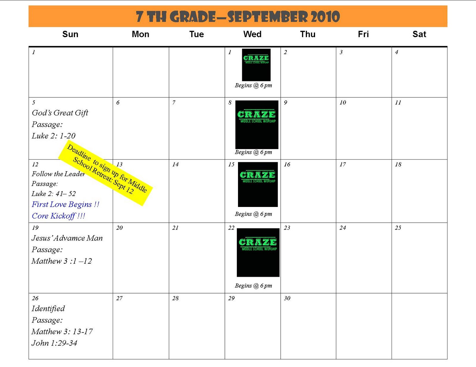 11 o'clock Middle School: 7th Grade Calendar