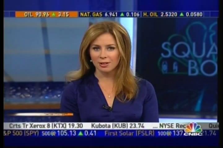 Ladies in Satin Blouses: Becky Quick - blue satin blouse