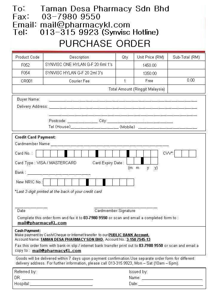 Taman Desa Pharmacy Sdn Bhd: Order_Form_Synvisc
