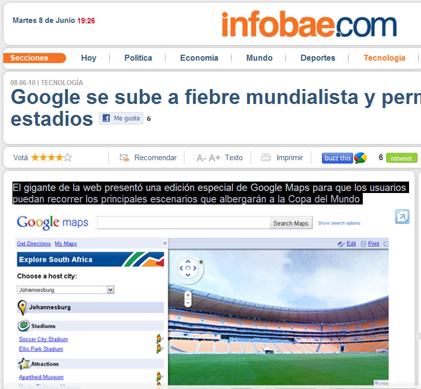 Google Maps, Street View y Google Earth del Mundial Sudáfrica 2010