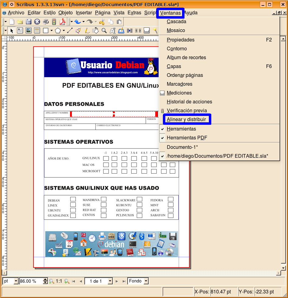 UsuarioDebian: Scribus, Crear formularios editables en pdf