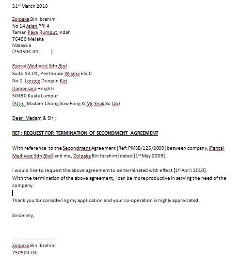 REQUEST FOR TERMINATION OF SECONDMENT AGREEMENT