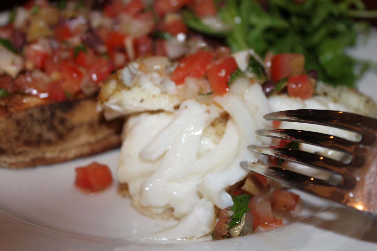 Kitchen Snaps: Grilled Halibut w/Tomato Olive Bruschetta, Arugula and ...