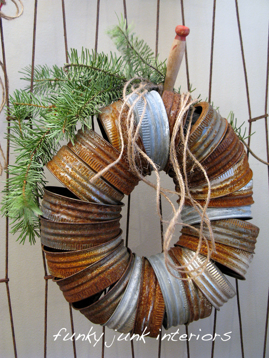 Easy Christmas junk decor with an industrial rim wreath, tap ornaments ...