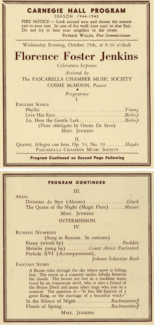 Under the Piano Stool: Florence Foster Jenkins - the Carnegie Hall Program!