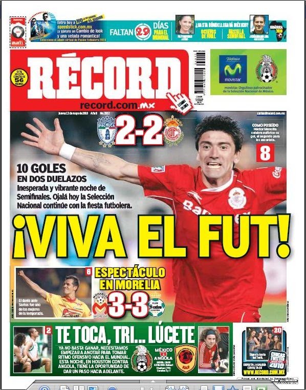 Club Deportivo Toluca: Portada de la revista Record 5/13/2010