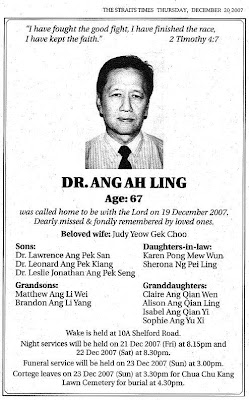 Singapore Obituaries: Ang Ah Ling