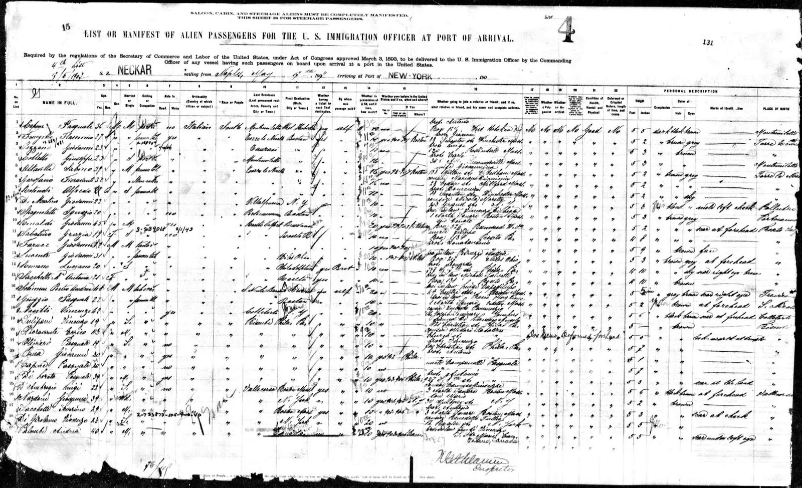 The Genealogy of Torre le Nocelle, Italy: Ship Manifest: SS Neckar - 1 ...