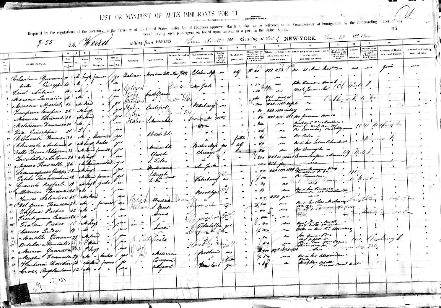 The Genealogy of Torre le Nocelle, Italy: Ship Manifest: Werra - Napoli ...