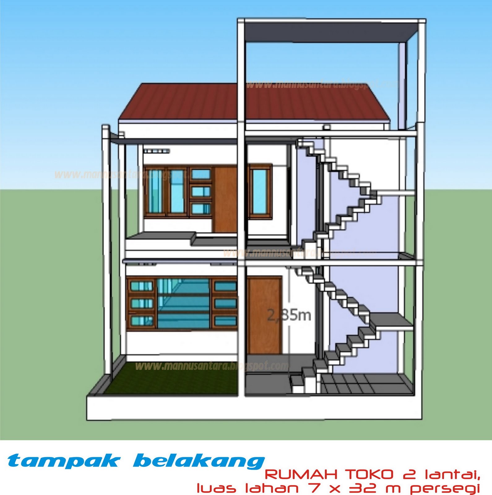 Desain Rumah Toko (Ruko) Dua Lantai di Atas Lahan Seluas 7 x 32 m persegi