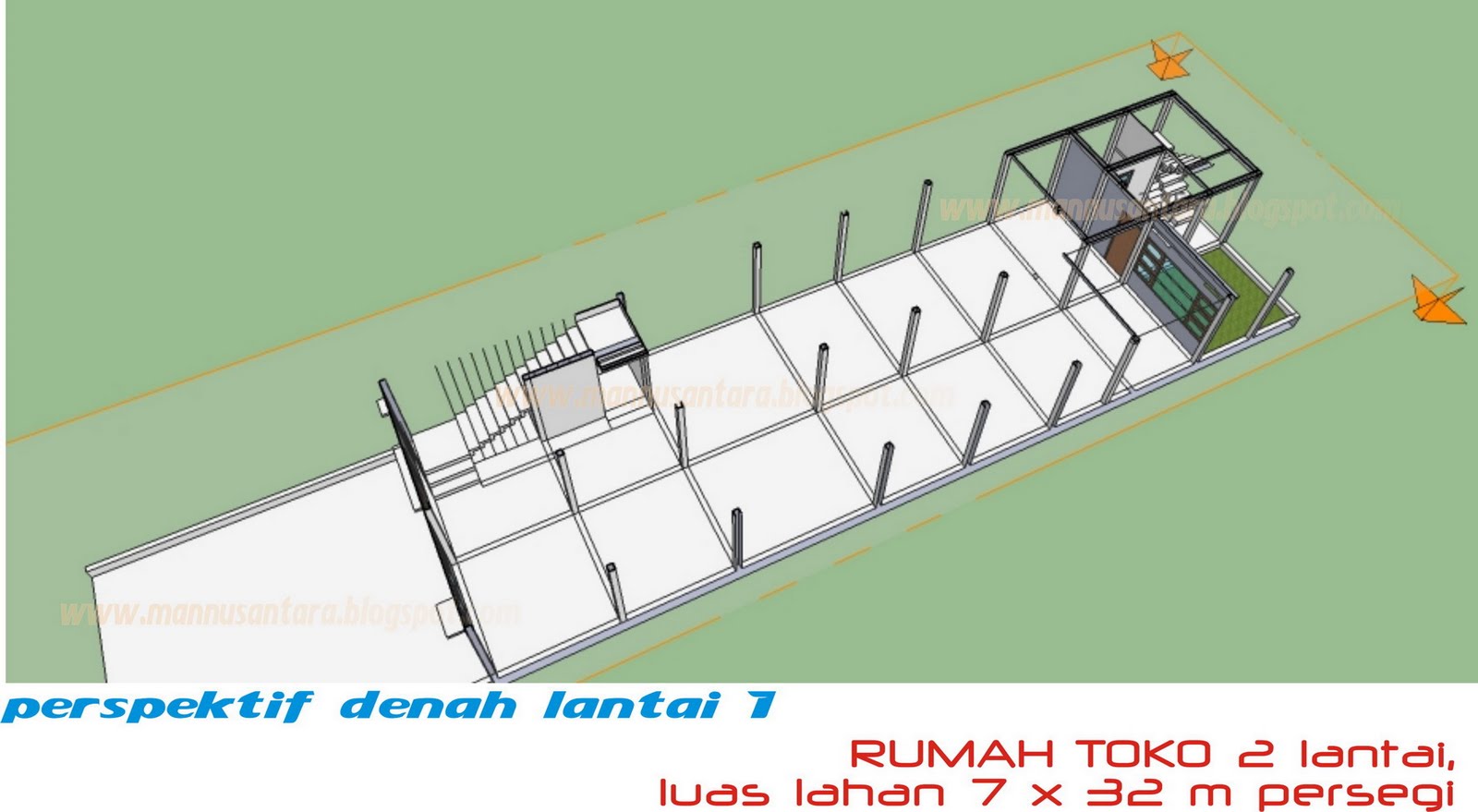 Desain Rumah Toko (Ruko) Dua Lantai di Atas Lahan Seluas 7 x 32 m persegi