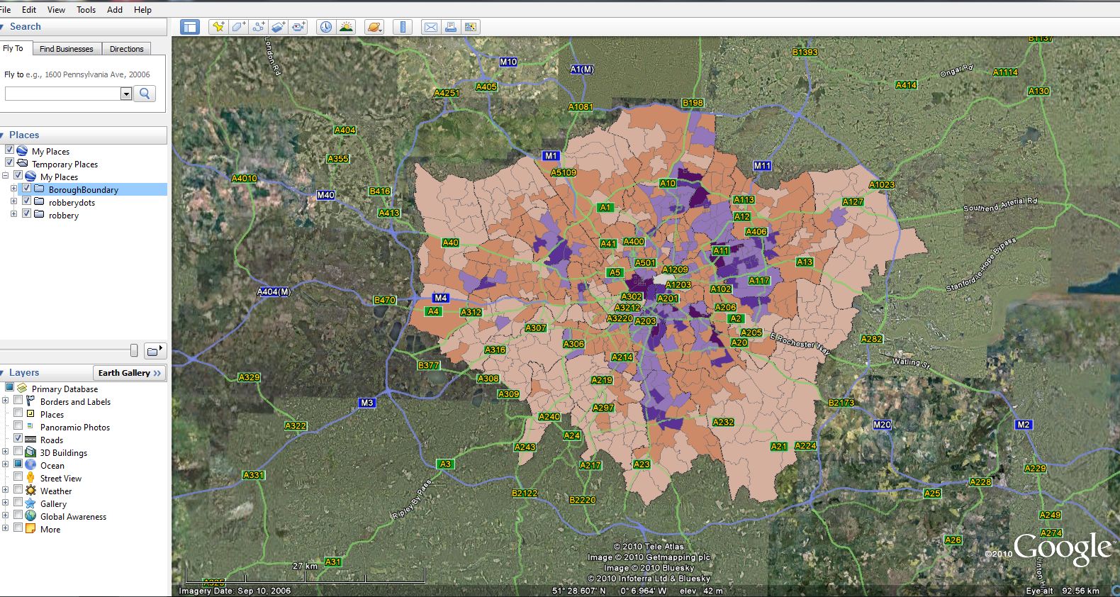 Saferview - crime, fear and mapping: Google Earth London robbery map