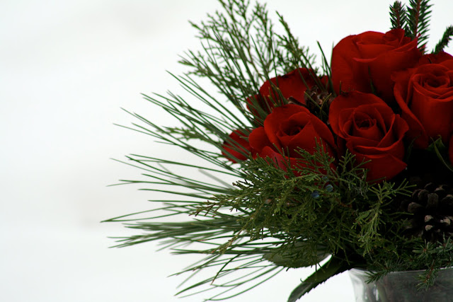 design dump: roses + pine arrangement on the cheap