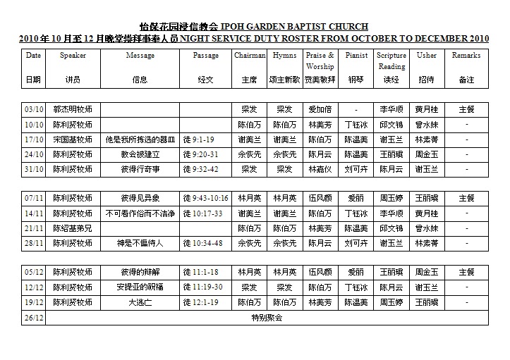IPOH GARDEN BAPTIST CHURCH: Sunday Night Worship Preachers List & Duty ...