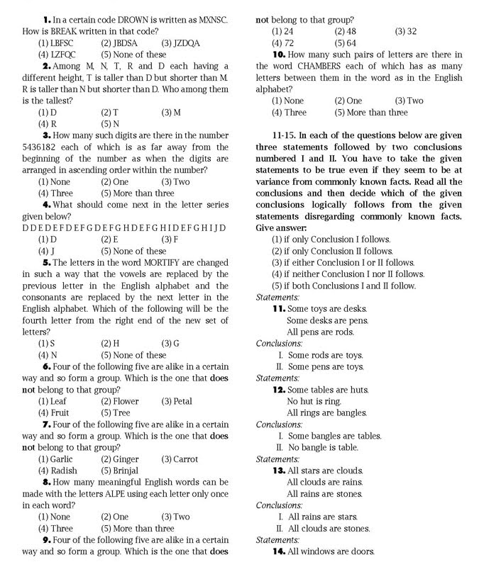 Piranthan's Diary: Sample SBI Clerical Reasoning Questions