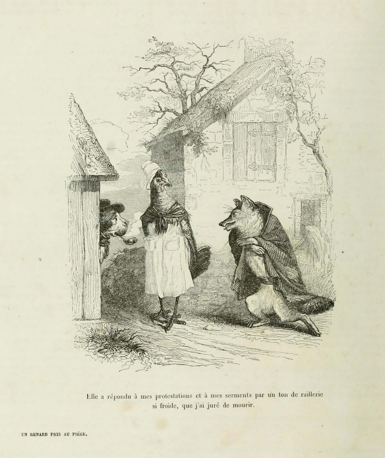 Vintage Ephemera: French illustration, clothed chicken and fox, 1852