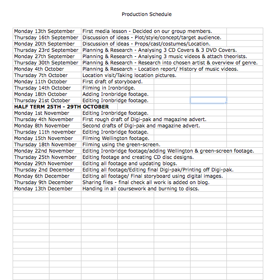 A2 advanced media production: Production Schedule