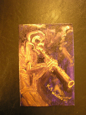 small paintings from New Orleans artist Kat Walker: Skeleton Soprano Sax