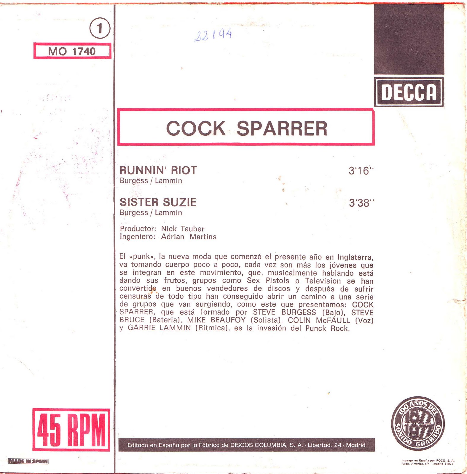 SPANISH BOMBS: Cock Sparrer - Runnin riot 7" 1977